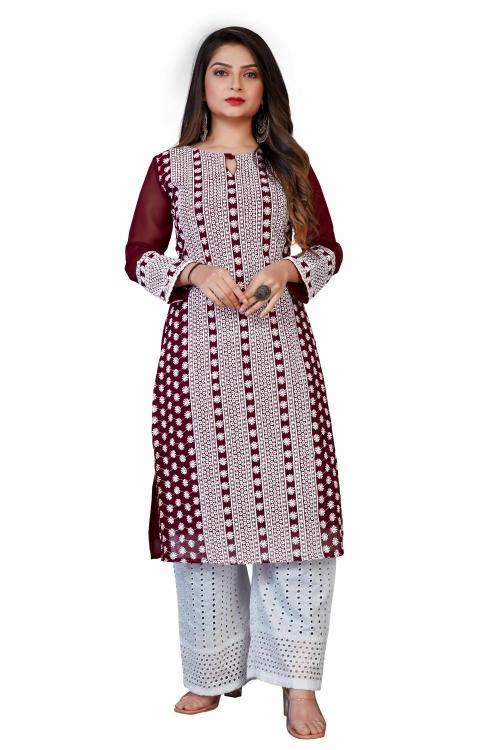 Buy Snizvi Women's Georgette Hand Embroidered Chikankari Lucknowi Kurta ...