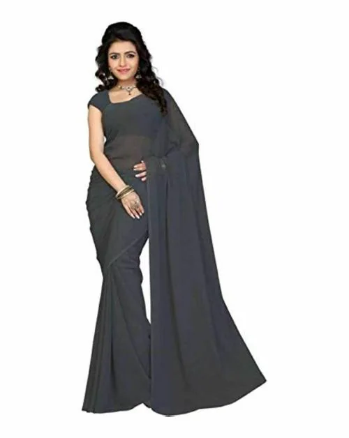 Buy SILAK Women Dark Grey Solid Georgette Saree with Unstitched Blouse ...
