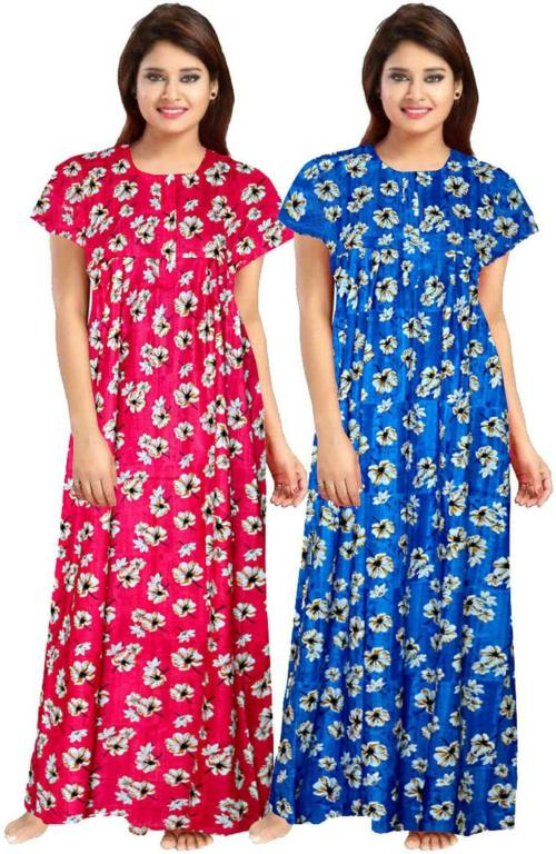 Buy Mudrika Women Pink and Blue Floral Pure Cotton Pack of 2 Nighty ...