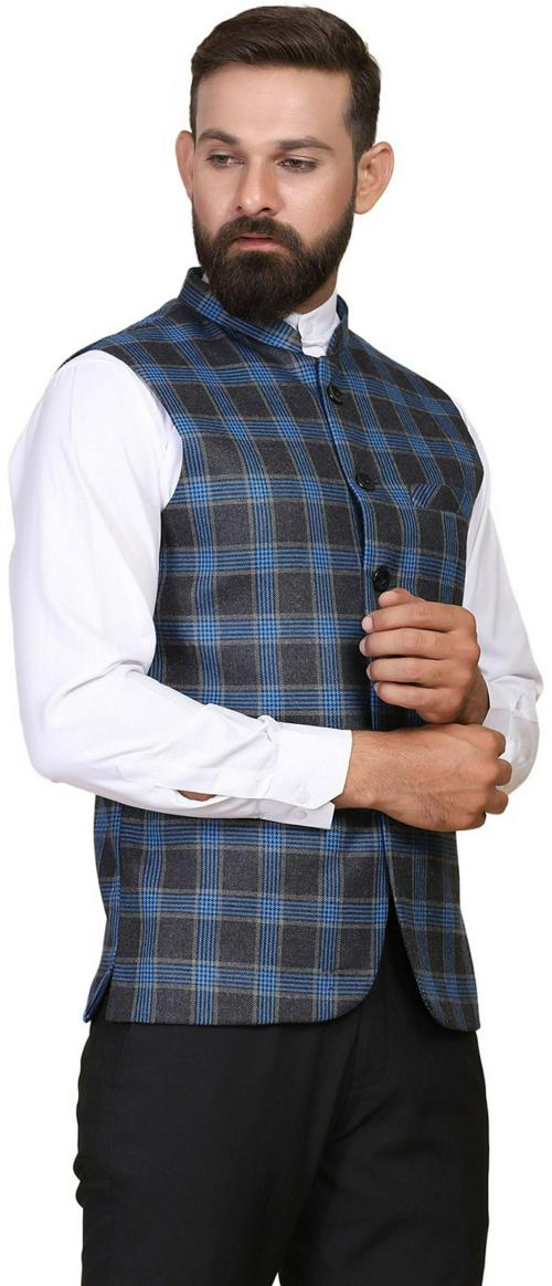 Buy Tahvo Men Blue Checkered Tweed Nehru Jacket (42) Online at Best ...