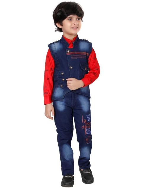 Buy Dkgf Fashion Boys Red Printed Cotton Blend Shirt Jeans And Jacket ...