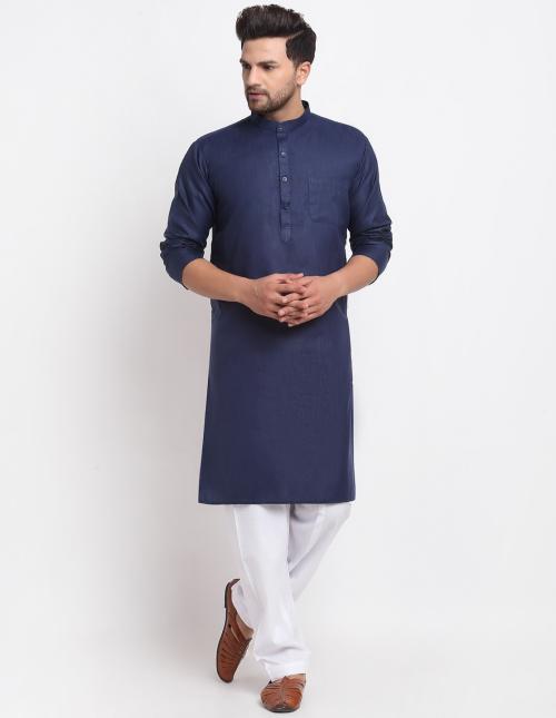 Benstoke Men's Navy Blue & White Cotton Solid Kurta With Salwar Set ...