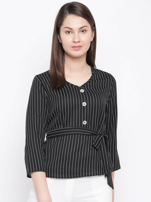 Buy Rare Black Womens Polyester Casual Regular Sleeves Striped Top (M ...