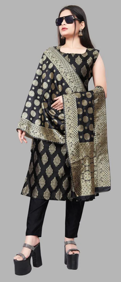 Buy Eilara Women's Silk Blend Black Straight Kutra, Pant with Dupatta ...