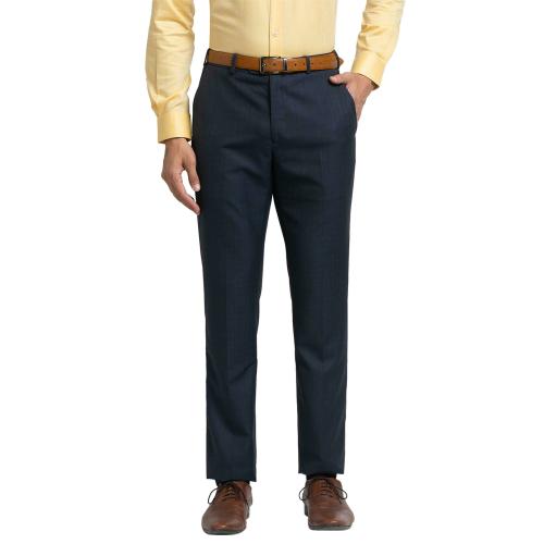 Buy Raymond Men Blue Checkered Polyester Blend Flat-Front Pants Online ...