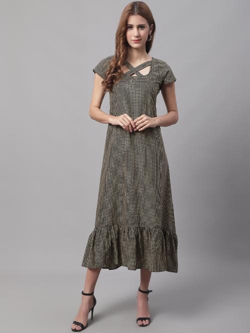 Buy Enchanted Drapes Beige Cheque Printed Cotton Women's A-Line Dress ...