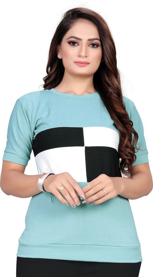 Buy HEMANG FASHION Women Light Blue Color Block Cotton Blend Round Neck T-Shirt (S) Online at ...