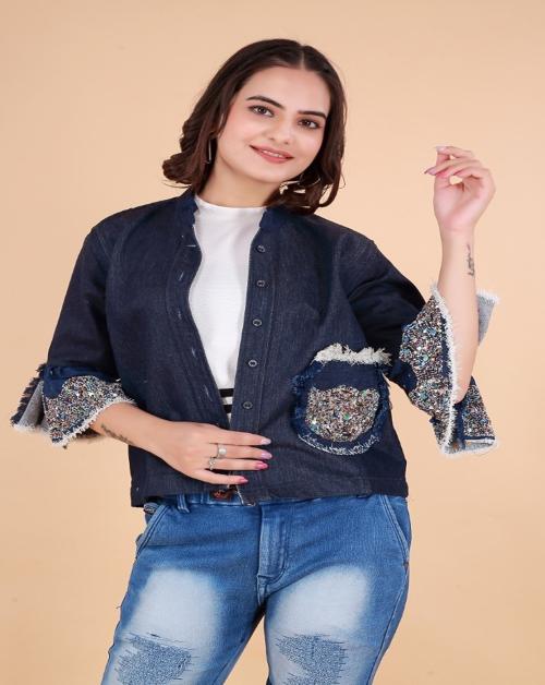 Buy nataashaAli Women's Denim Stand Collar with Embroidery Detailing On ...