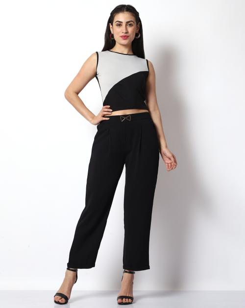 Buy 14 Fab Cotton Blend Pure Black Solid Women's & Girls Trouser Set ...