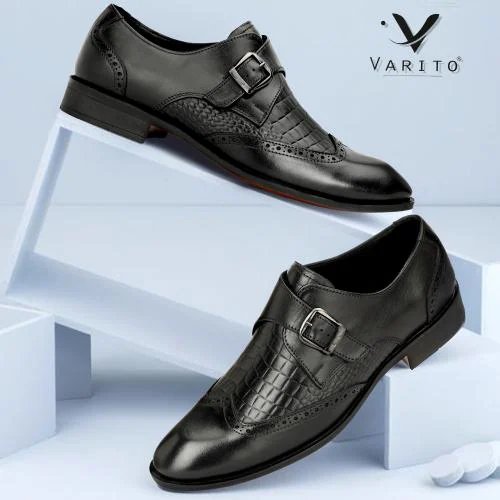 Buy Varito Men's 100% Genuine Leather Partywear Monk Shoes (Black ...
