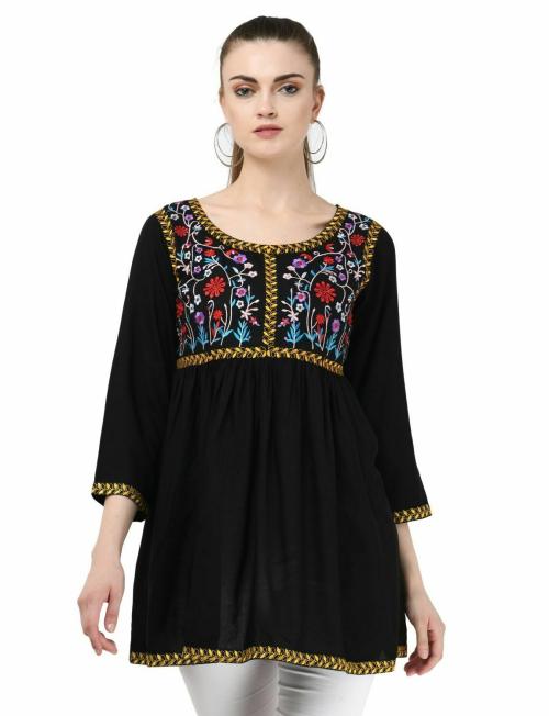 Buy SAAKAA Women's Rayon Black Embroidery Top Online at Best Prices in ...
