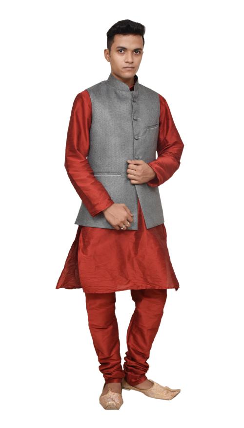 Buy HFP Men's Red Matching silk Kurta Churidhar With Gray 1st Joot ...