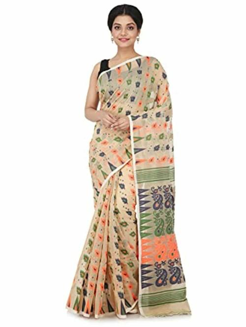 Buy PinkLoom Women Beige Pure Cotton Jamdani Saree Without Blouse Piece Online at Best Prices in ...