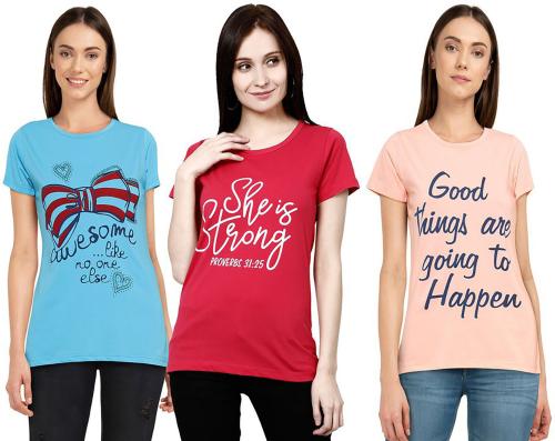 Buy CHOZI Women Multicolor Graphic Print Cotton Blend Pack of 3 T-Shirt ...