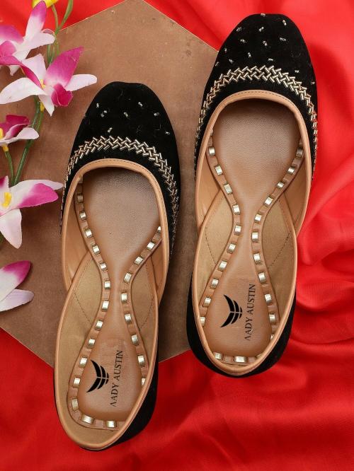 Buy Aady Austin Women Slip On Black Handcrafted golden Embroidery vegan ...