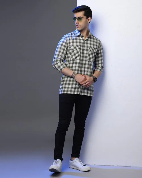 Buy FOGA CLOTHING--Mens Brushed CottonDouble pocket checked shirt ...