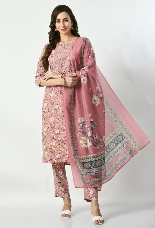 Buy S MAJIDA Pink Floral Printed Kurta Set for Women with Dupatta ...