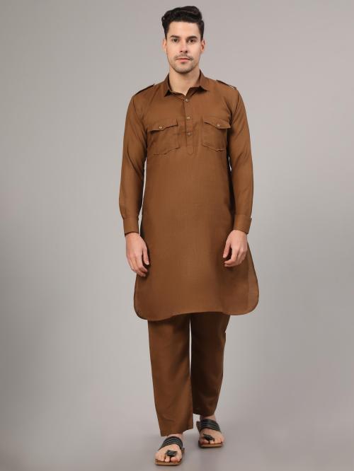 Buy IrisTheStudio Men Brown Cotton Blend Solid Pathani And Pant Set (M ...