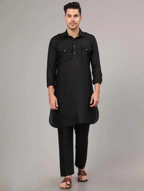 Buy IrisTheStudio Men Black Cotton Blend Solid Pathani And Pant Set ...