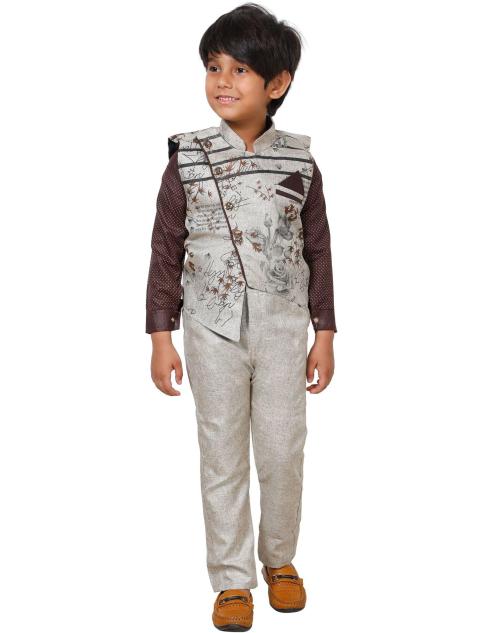 Buy Dkgf Fashion Boys Brown Printed Cotton Blend Casual Shirt Trouser ...