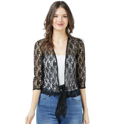 Buy AOL Women Black Front Open Net Shrug with tie Knot - S Online at ...