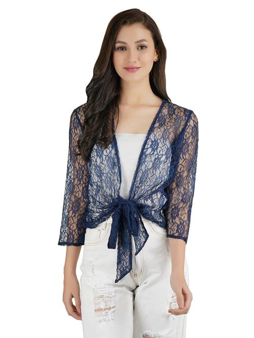 Buy AOL Women Navy Front Open Net Shrug with tie Knot - S Online at ...