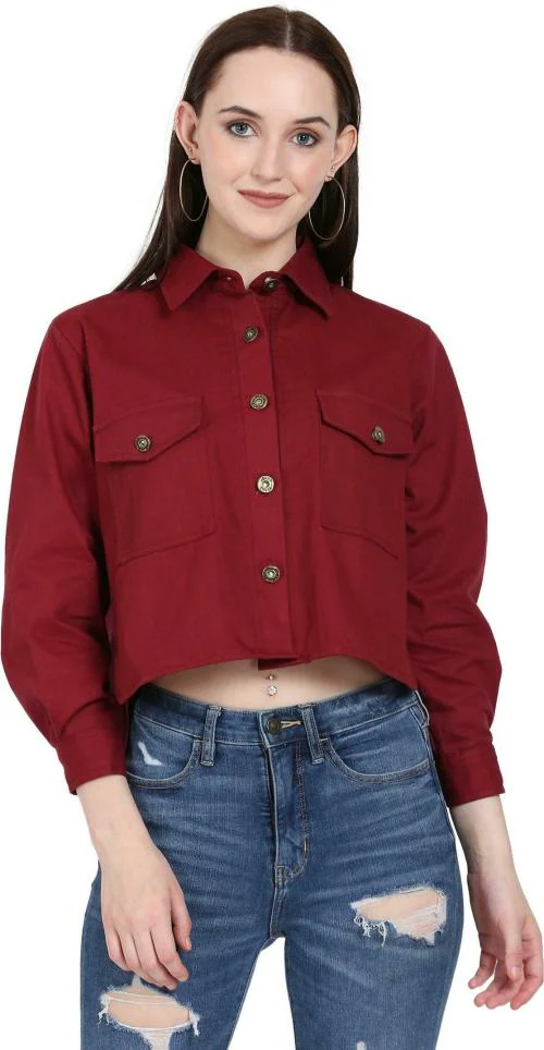 Buy HRIKSHIKA FASHION Women Maroon Solid Denim Jacket Online at Best ...