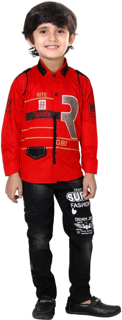 Buy Dkgf Fashion Boys Red Printed Cotton Blend Shirt Jeans Online at ...