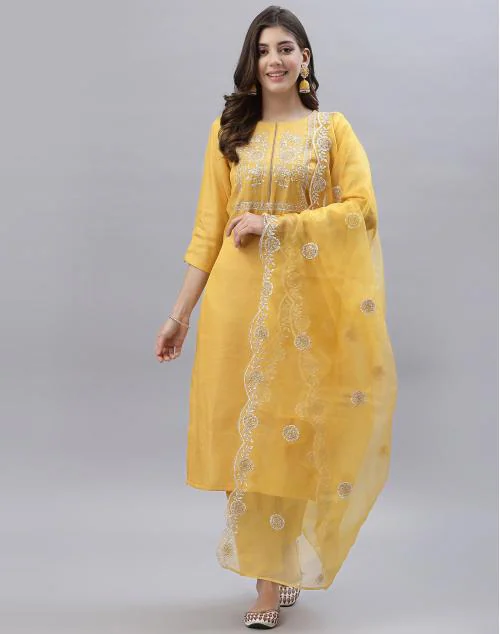 Buy Skylee Women's Yellow Color Silk Blend Kurta Set with Dupatta| kurta suit set for women ...