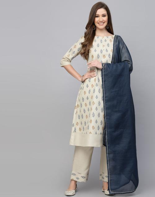 Buy Skylee Women's Beige Color Cotton Kurta Set with Dupatta | kurta ...