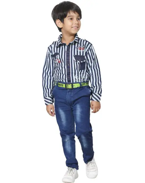 Buy Dkgf Fashion Boys Blue Striped Cotton Blend Casual Shirt Jeans ...