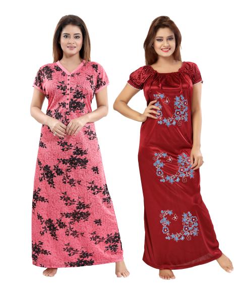 Buy Shopping World Women Multicolor Printed Satin Nighty combo - Free ...