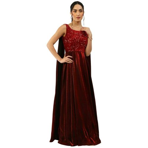 Buy TRENDY DIVVA Women Maroon Embellished Velvet Gown Dress Online at ...