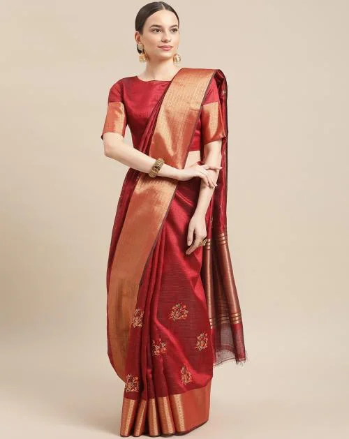 Buy KAVINDI Embroidered Bollywood Cotton Blend Saree (Red) Online at ...