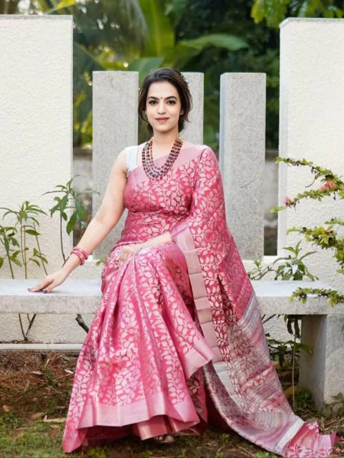 Buy FABYARN Elegant Pink Rani Banarasi Silk Saree Kanjivaram Design ...