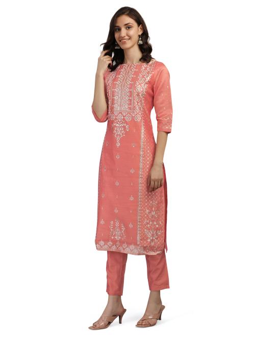 Buy Riva Enterprise Women Peach Printed Chanderi Kurta and Pant Set ...