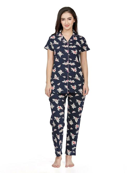 Buy SWEET SKIN Women Navy Printed Cotton Top & Pyjamas Set (XXL) Online ...