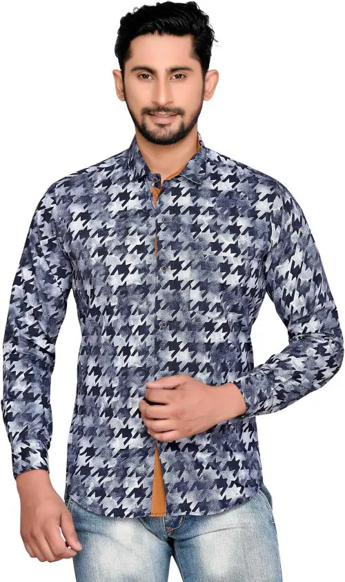 Buy PP SHIRTS Men Blue Printed Cotton Blend Spread Casual Shirt (M ...