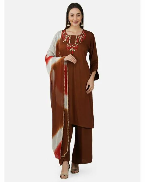 Buy BCZ STYLE Women Rayon Ethnic Neck Embroidery Design Brown Kurta ...