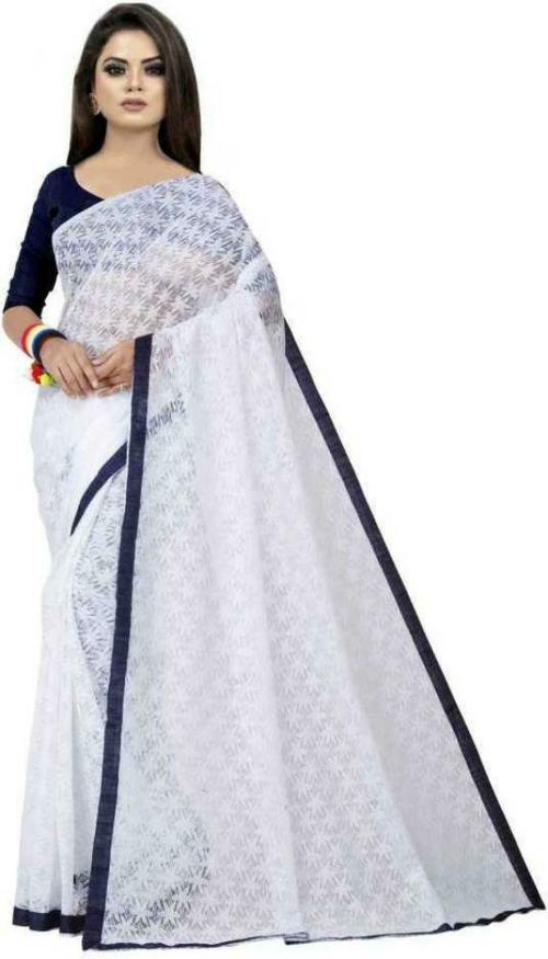 Buy VANRAJ CREATION Women White and Dark Blue Self Design Net Saree ...