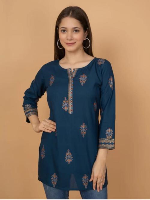 Buy SAICHA Women gold print blue short kurti Online at Best Prices in ...