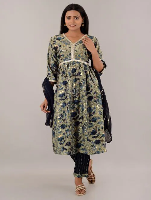 Buy KRITYA Women's Green Chanderi Alia Cut Embroidered Kurta with Pant and Dupatta Set Online at ...