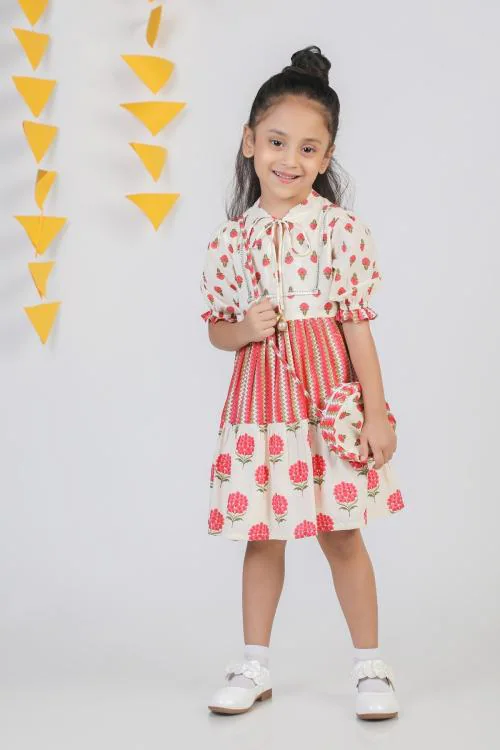 Buy Budding Bees Festive Glam Cream and Red Printed Dress Set with Bag Online at Best Prices in ...