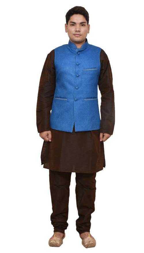 Buy HFP Men's Brown Matching Silk Kurta Churidhar With Sky Blue Joot ...