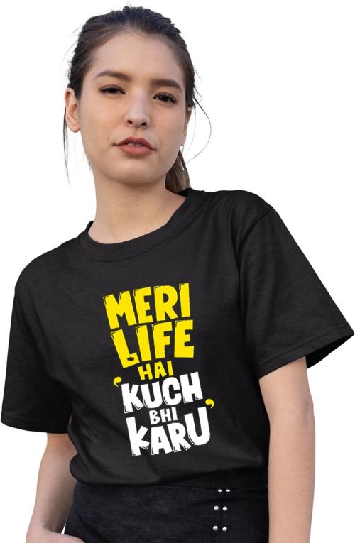 Buy Omneto Women Black Typography Pure Cotton Round Neck T Shirt - L ...