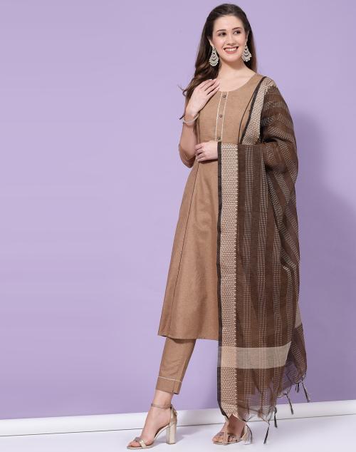Buy Skylee Women's Beige Color Cotton Kurta Set with Dupatta | kurta ...