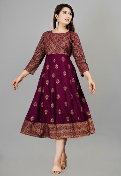 Buy Sa Rasa Women Purple and Gold Printed Viscose Rayon Anarkali Kurta ...