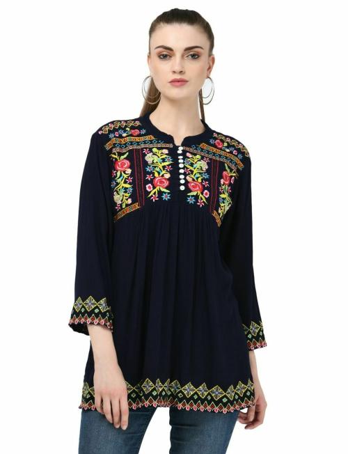 Buy SAAKAA Women's Crepe Navy Blue Embroidery Top Online at Best Prices ...