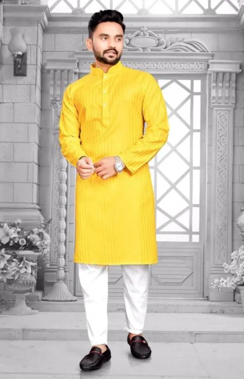 Buy Simran Creation Men Yellow Striped Cotton Blend Straight Kurta (M ...