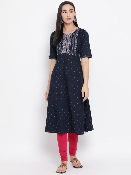 Buy Span Women Blue Printed Pure Cotton A-Line Kurta Online at Best ...
